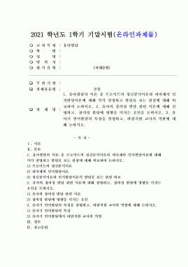 (2021학년도 1학기 기말시험, 유아발달)1. 유아발달의 이론 중 프로이트의 정신분석이론과 피아제의 인지발달이론에 대해 각각 설명하고 발달을 보는 관점에 대해 비교하여 논하시오. 2. 유아의 창의성발달 관련 이론에 대해 설명하고, 창의성발달에 영향을 미치는 요인을 논하시오. 3. 유아기 언어발달의 특성을 설명하고, 바람직한 교사의 역할에 대해 논하시오.-1페이지