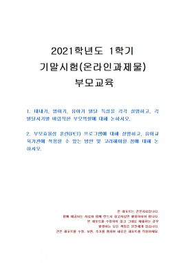 2021년 1학기 부모교육 기말시험 과제물(태내기, 영아기, 유아기 발달 특성, PET)-1페이지