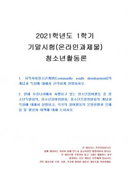 2021년 1학기 청소년활동론 기말시험 과제물(지역사회청소년개발의 개념과 특징 등)-1페이지