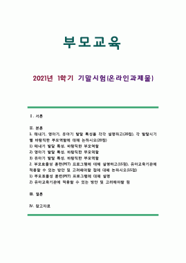 [부모교육 2021 1학기 기말] 1. 태내기, 영아기, 유아기 발달 특성을 각각 설명하고, 각 발달시기별 바람직한 부모역할, 2. 부모효율성 훈련(PET) 프로그램에 대해 설명하고, 유아교육기관에 적용할 수 있는 방안 및 고려해야할 점에 대해 논하시오-1페이지