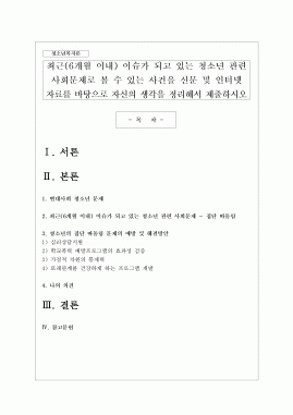 최근(6개월 이내) 이슈가 되고 있는 청소년 관련 사회문제로 볼 수 있는 사건을 신문 및 인터넷 자료를 바탕으로 자신의 생각을 정리해서 제출하시오-1페이지