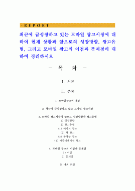 최근에 급성장하고 있는 모바일 광고시장에 대하여 현재 상황과 앞으로의 성장방향, 광고유형, 그리고 모바일 광고의 이점과 문제점에 대하여 정리하시오-1페이지