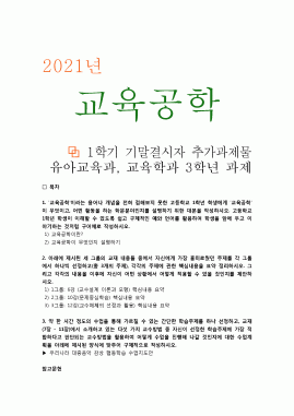 [교육공학] 2021년 기말결시자 추가과제물, 1. 고등학교 1학년 학생에게 교육공학이 무엇이고, 어떤 학문분야인지의 대본 작성, 2. 자신에게 가장 흥미로웠던 주제를 선정하고, 각각의 핵심내용을 요약정리, 3. 학습주제를 하나 선정하고, 교재(7장 - 11장)의 교수방법 중 가장 적합하다고 생각하는 교수방법을 활용하여 수업계획안 작성-1페이지