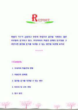 맞벌이 가구가 급증하고 만혼화 현상으로 출산을 기피하는 젊은 부부들이 증가하고 있다. 우리사회의 저출산 문제의 심각성을 고려한다면 출산율 증가를 독려할 수 있는 방안을 토론해 보시오-1페이지