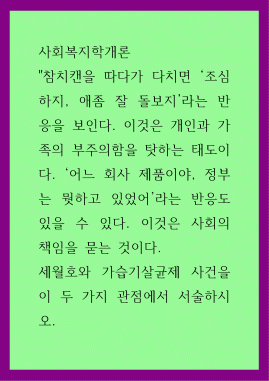 사회복지학개론 ) 세월호와 가습기살균제 사건을 이 두 가지 관점에서 서술하시오-1페이지