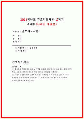 간호지도자론 2021) 오하이오 주립대학의 리더십 연구를 기초로 하여 간호지도자론 자신이 속해 있는 조직 (병원, 학교, 사업장, 가족)의 지도자 유형 (리더십 스타일)을 사정 피들러의 상황모형에 근거하여 자신이 속해있는 조직 (또는 집단)의 지도자가 처해있는 상황 호의성을 진단한 후,(1) 에서 사정한 지도자의 지도 스타일과 상황의 적합관계를 설명하시오-1페이지