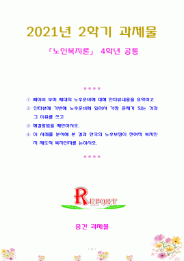 [2021 노인복지론4공통] ①베이비 부머 세대의 노후준비에 대해 인터뷰내용을 요약하고 ②인터뷰에 기반해 노후준비에 있어서 가장 문제가 되는 것과 그 이유를 쓰고 ③해결방법을 제안하시오. ④이 사례를 분석해 본 결과 한국의 노후보장이 잔여적 복지인지 제도적 복지인지를 논하시오.-1페이지