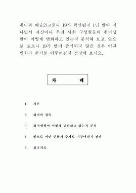 취미와 예술2)코로나 19가 확산된지 1년 반이 지나면서 자신이나 우리 사회 구성원들의 취미생활이 어떻게 변화하고 있는지 분석해 보고, 앞으로 코로나 19가 빨리 종식되지 않을 경우 어떤 변화가 추가로 이루어질지 전망해 보시오.-1페이지