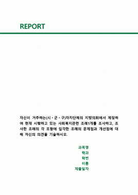 사회복지법제와 실천) 자신이 거주하는(시ㆍ군ㆍ구)자치단체의 지방의회에서 제정하여 현재 시행하고 있는 사회복지관련 조례1개를 조사하고, 조사한 조례의 각 조항에 입각한 조례의 문제점과 개선점에 대해 자신의 의견을 기술하시오.-1페이지