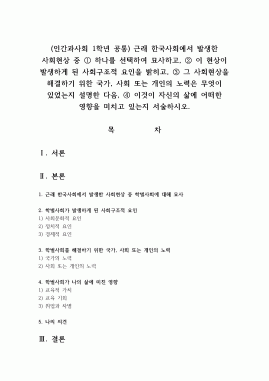 (인간과사회 1학년 공통) 근래 한국사회에서 발생한 사회현상 중 ① 하나를 선택하여 묘사하고, ② 이 현상이 발생하게 된 사회구조적 요인을 밝히고-1페이지