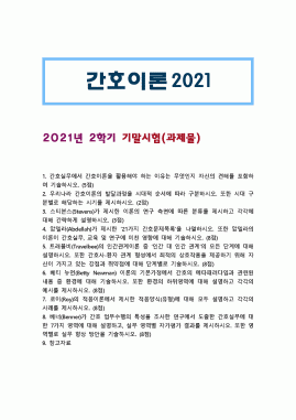 [간호이론 2021 기말과제] 1. 간호실무에서 간호이론을 활용해야 하는 이유 2. 우리나라 간호이론의 발달과정 3. 스티븐스가 제시한 이론 4. 압델라가 제시한 21가지 간호문제목록 5. 트래블비의 인간관계이론 6. 베티 뉴먼 이론 7. 로이의 적응이론 8. 베너가 간호 업무수행의 특성을 조사한 연구-1페이지