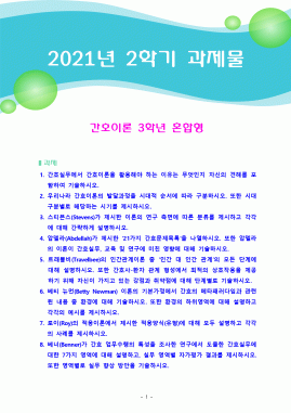 [2021 간호이론][기말시험][출처표기] 1.간호실무에서 간호이론을 활용해야 하는 이유는 무엇인지 자신의 견해를 포함하여 기술하시오...7.로이(Roy)의 적응이론에서 제시한 적응양식(유형)에 대해 모두 설명하고 각각의 사례를 제시하시오. 8.베너(Benner)가 간호 업무수행의 특성을 조사한 연구에서 도출한 간호실무에 대한 7가지 영역에 대해 설명하고, 실무 영역별 자가평가 결과를 제시하시오. 또한 영역별로 실무 향상 방안을 기술하시오.-1페이지