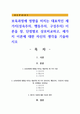 보육과정에 영향을 미치는 대표적인 세 가지(성숙주의, 행동주의, 구성주의) 이론을 장, 단점별로 상호비교하고, 세가지 이론에 대한 자신의 생각을 기술하시오-1페이지