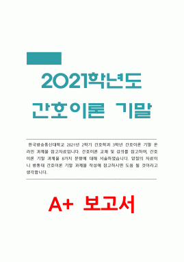 간호이론 기말 2021년 방통대] 1.간호실무에서 간호이론을 활용해야 하는 이유는 무엇인지 자신의 견해를 포함하여 기술하시오. 2.우리나라 간호이론의 발달과정을 시대적 순서에 따라 구분하시오. 시대 구분별로 해당하는 시기 3.스티븐스가 제시한 이론의 연구 측면에 따른 분류 4.압델라 21가지 간호문제목록 등 8문항-1페이지