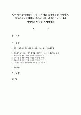 한국 중고등학생들이 가장 호소하는 문제상황을 파악하고, 학교사회복지실천을 통해서 이를 예방하거나 조기에 개입하는 방안을 제시하시오-1페이지