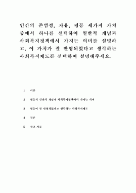 인간의 존엄성, 자유, 평등 세가지 가치 중에서 하나를 선택하여 일반적 개념과 사회복지정책에서 가지는 의미를 설명하고, 이 가치가 잘 반영되었다고 생각하는 사회복지제도를 선택하여 설명해주세요.-1페이지