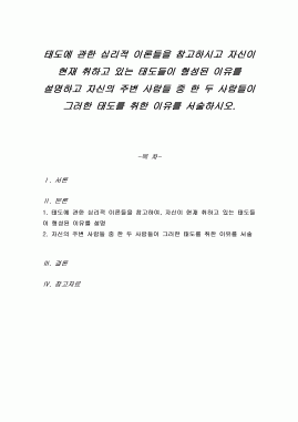 태도에 관한 심리적 이론들을 참고하시고 자신이 현재 취하고 있는 태도들이 형성된 이유를 설명하고 자신의 주변 사람들 중 한 두 사람들이 그러한 태도를 취한 이유를 서술하시오-1페이지