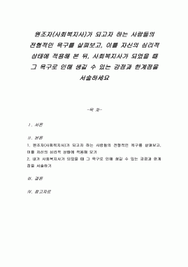 원조자(사회복지사)가 되고자 하는 사람들의 전형적인 욕구를 살펴보고, 이를 자신의 심리적 상태에 적용해 본 뒤, 사회복지사가 되었을 때 그 욕구로 인해 생길 수 있는 강점과 한계점을 서술하세요-1페이지