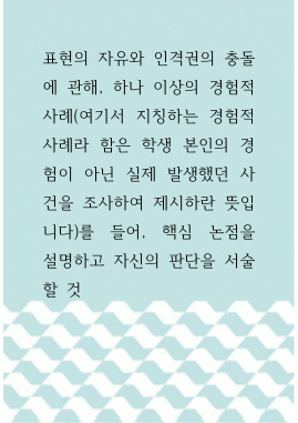 사회학 ) 표현의 자유와 인격권의 충돌에 관해, 하나 이상의 경험적 사례를 들어, 핵심 논점을 설명하고 자신의 판단을 서술할 것-1페이지