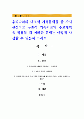 우리나라의 대표적 가족문제를 한 가지 선정하고 구조적 가족치료의 주요개념을 적용할 때 이러한 문제는 어떻게 사정할 수 있는지-1페이지