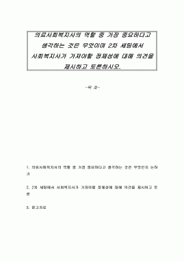 의료사회복지사의 역할 중 가장 중요하다고 생각하는 것은 무엇이며 2차 세팅에서 사회복지사가 가져야할 정체성에 대해 의견을 제시하고 토론하시오-1페이지