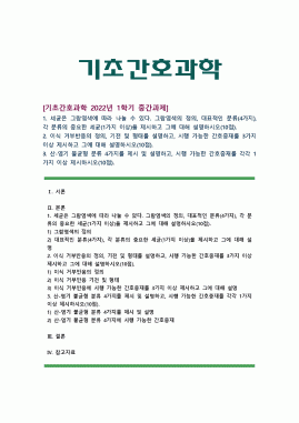 [기초간호과학 2022년] 1. 세균은 그람염색에 따라 나눌 수 있다. 그람염색의 정의, 대표적인 분류, 각 분류의 중요한 세균 2. 이식 거부반응의 정의, 기전 및 형태, 간호중재 3. 산 염기 불균형 분류 4가지, 간호중재-1페이지