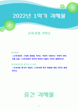 [2022 교육과정][공통형, 지정형2] ➀교육과정의 구성에 영향을 미치는 사회학 이론이나 사회적 변화, 흐름 등을 ➁교육과정의 역사적 변화와 더불어 간단히 설명하시오. ➀교육과정 평가의 개념과 ➁교육과정 평가 방법에 대해 간단히 설명하시오.-1페이지