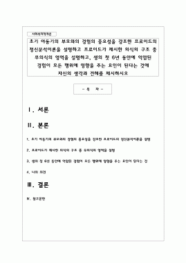 초기 아동기의 부모와의 경험의 중요성을 강조한 프로이드의 정신분석이론을 설명하고 프로이드가 제시한 의식의 구조 중 무의식의 영역을 설명하고-1페이지