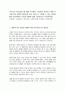 우리나라 복지서비스를 생애 주기별로 구분하여 정리하고 생애 주기별 복지 정책의 필요성과 복지 서비스가 가져올 수 있는 효과와 향후 복지정책이 나아갈 방향에 대해 기술하시오 (가족복지론)-1페이지