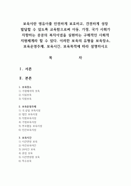 보육이란 영유아를 안전하게 보호하고, 건전하게 성장 발달할 수 있도록 교육함으로써 아동, 가정, 국가 사회가 지향하는 공공의 복지이념을 실현하는 구체적인 사회적 지원체계라 할 수 있다. 이러한 보육의 유형을 보육장소, 보육운영주체, 보육시간, 보육목적에 따라 설명하시오-1페이지