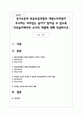 국가수준의 표준보육과정과 개정누리과정이 추구하는 의미있는 놀이가 일어날 수 있도록 자유놀이에서의 교사의 역할에 대해 작성-1페이지