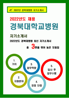 경북대학교병원 자기소개서 2022년 간호사 간호직 채용 자소서 3편 모음 - 추구해야할 가장 중요한 가치는 무엇 지원 분야의 업무 수행과 관련된 본인의 역량 입사 후 업무수행에 도움이 될 수 있는 의미 있는 경험-1페이지