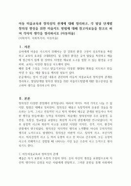 아동 미술교육과 창의성의 관계에 대해 정리하고, 각 발달 단계별 창의성 향상을 위한 미술지도 방법에 대해 참고자료들을 참고로 하여 각자의 생각을 정리하시오 (아동미술)-1페이지