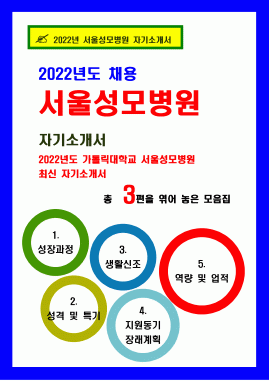 서울성모병원 간호사 자기소개서 2022년 모음 3편] 가톨릭서울성모병원 자소서 성장과정, 성격 및 특기사항, 생활신조, 서울성모병원 지원동기 및 장래계획, 역량 및 업적  서울성모병원 간호사합격자기소개서-1페이지