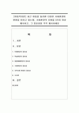 [아동복지론] 최근 아동을 둘러싼 다양한 사회환경이 영향을 미치고 있는데, 사회환경의 유형을 3가지 이상 제시하고, 그 중요성-1페이지