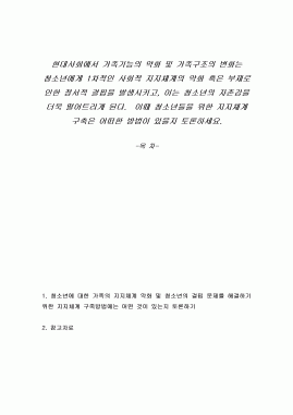 현대사회에서 가족기능의 약화 및 가족구조의 변화는 청소년에게 1차적인 사회적 지지체계의 약화 혹은 부재로 인한 정서적 결핍을 발생시키고, 이는 청소년의 자존감을 더욱 떨어트리게 된다-1페이지