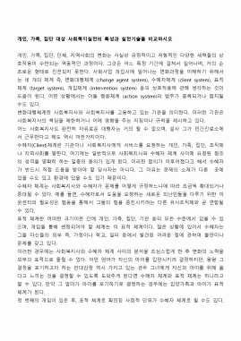 개인, 가족, 집단대상 사회복지실천의 특성과 실천기술을 비교하시오-1페이지