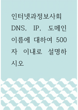 [ 인터넷과정보사회 ) DNS, IP, 도메인 이름에 대하여 500자 이내로 설명하시오 ]-1페이지