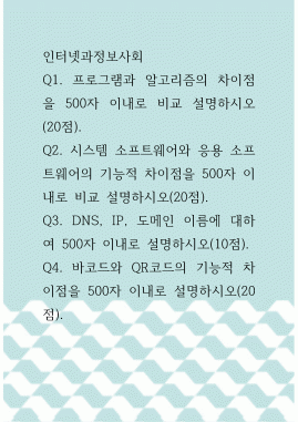 [ 인터넷과정보사회 ) Q1. 프로그램과 알고리즘의 차이점을 500자 이내로 비교 설명하시오(20점). Q2. 시스템 소프트웨어와 응용 소프트웨어의 기능적 차이점을 500자 이내로 비교 설명하시오(20점). Q3. DNS, IP, 도메인 이름에 대하여 500자 이내로 설명하시오(10점). Q4. -1페이지