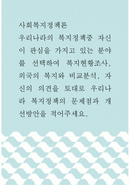 사회복지정책론 ) 우리나라의 복지정책중 자신이 관심을 가지고 있는 분야를 선택하여 복지현황조사, 외국의 복지와 비교분석, 자신의 의견을 토대로 우리나라 복지정책의 문제점과 개선방안을 적어주세요-1페이지