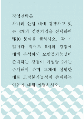 전략 - 하나의 산업 내에 경쟁하고 있는 3개의 경쟁기업을 선택하여 VRIO 분석을 행하시오-1페이지