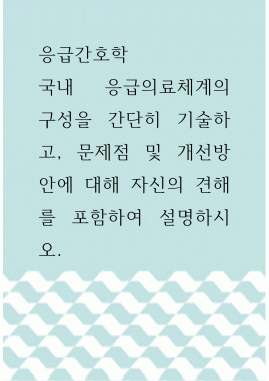 응급간호학 ) 국내 응급의료체계의 구성을 간단히 기술하고, 문제점 및 개선방안에 대해 자신의 견해를 포함하여 설명하시오-1페이지