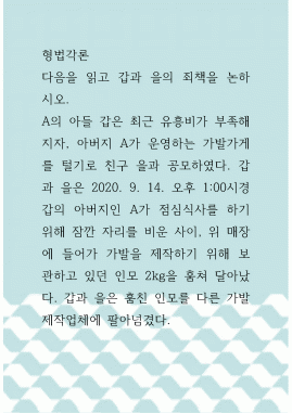 형법각론 ) A의 아들 갑은 최근 유흥비가 부족해지자, 아버지 A가 운영하는 가발가게를 털기로 친구 을과 공모하였다-1페이지