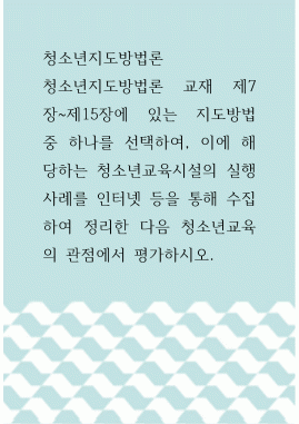 청소년지도방법론 ) 지도방법 중 하나를 선택하여, 이에 해당하는 청소년교육시설의 실행사례를 인터넷 등을 통해 수집하여 정리한 다음 청소년교육의 관점에서 평가하시오-1페이지