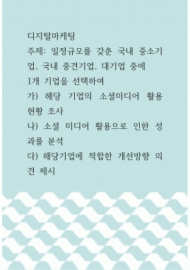 디지털마케팅 ) 일정규모를 갖춘 국내 중소기업, 국내 중견기업, 대기업 중에 1개 기업을 선택하여 가) 해당 기업의 소셜미디어 활용 현황 조사 나) 소셜 미디어 활용으로 인한 성과를 분석 다) 해당기업에 적합한 개선방향 의견 제시-1페이지