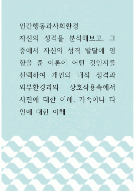 인간행동과사회환경 ) 자신의 성격을 분석해보고, 그중에서 자신의 성격 발달에 영향을 준 이론이 어떤 것인지를 선택하여 개인의 내적 성격과 외부환경과의 상호작용속에서 사진에 대한 이해, 가족이나 타인에 대한 이해-1페이지