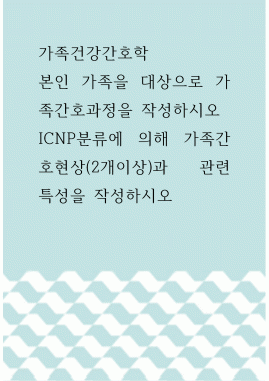 가족건강간호학 ) 본인 가족을 대상으로 가족간호과정을 작성하시오 ICNP분류에 의해 가족간호현상(2개이상)과 관련 특성을 작성하시오-1페이지