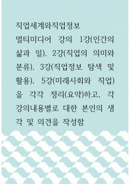 직업세계와직업정보 ) 멀티미디어 강의 1강(인간의 삶과 일), 2강(직업의 의미와 분류), 3강(직업정보 탐색 및 활용), 5강(미래사회와 직업)을 각각 정리(요약)하고, 각 강의내용별로 대한 본인의 생각 및 의견을 작성함-1페이지