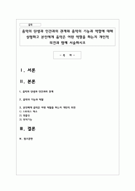 음악의 탄생과 인간과의 관계와 음악의 기능과 역할에 대해 설명하고 본인에게 음악은 어떤 역할을 하는지 개인적 의견과 함께 서술-1페이지