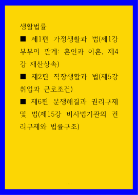 생활법률 ) 제1편 가정생활과 법(제1강 부부의 관계 - 혼인과 이혼, 제4강 재산상속) 제2편 직장생활과 법(제5강 취업과 근로조건)-1페이지